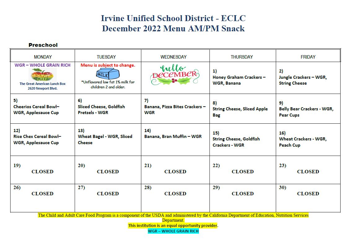 Snack Menu | Early Childhood Learning Center