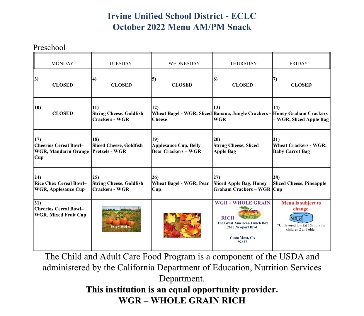 Snack Menu | Early Childhood Learning Center