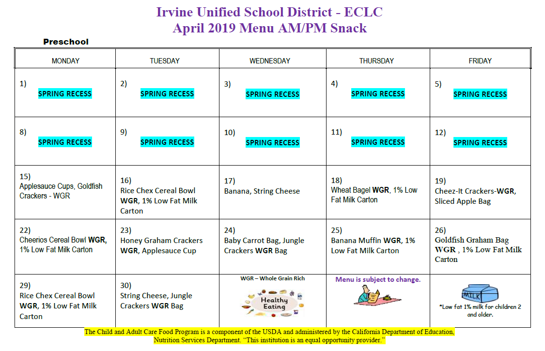 Snack Menu | Early Childhood Learning Center